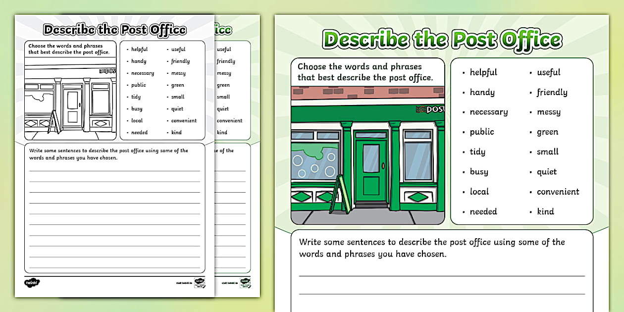 Describe the Post Office Worksheet (teacher made) - Twinkl