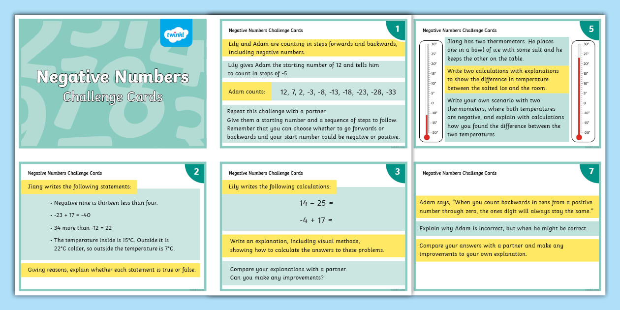 UKS2 Negative Numbers Challenge Cards - Maths - Twinkl