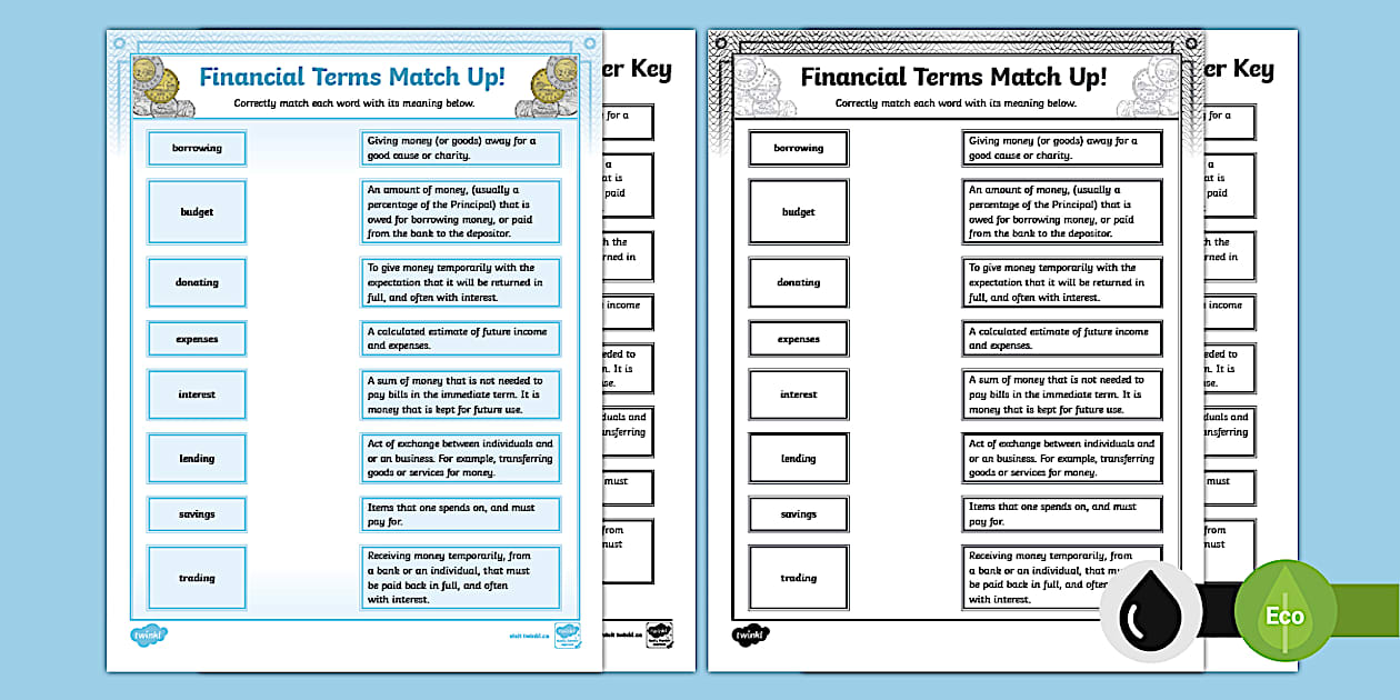 Master Financial Literacy Terms and Definitions - Twinkl