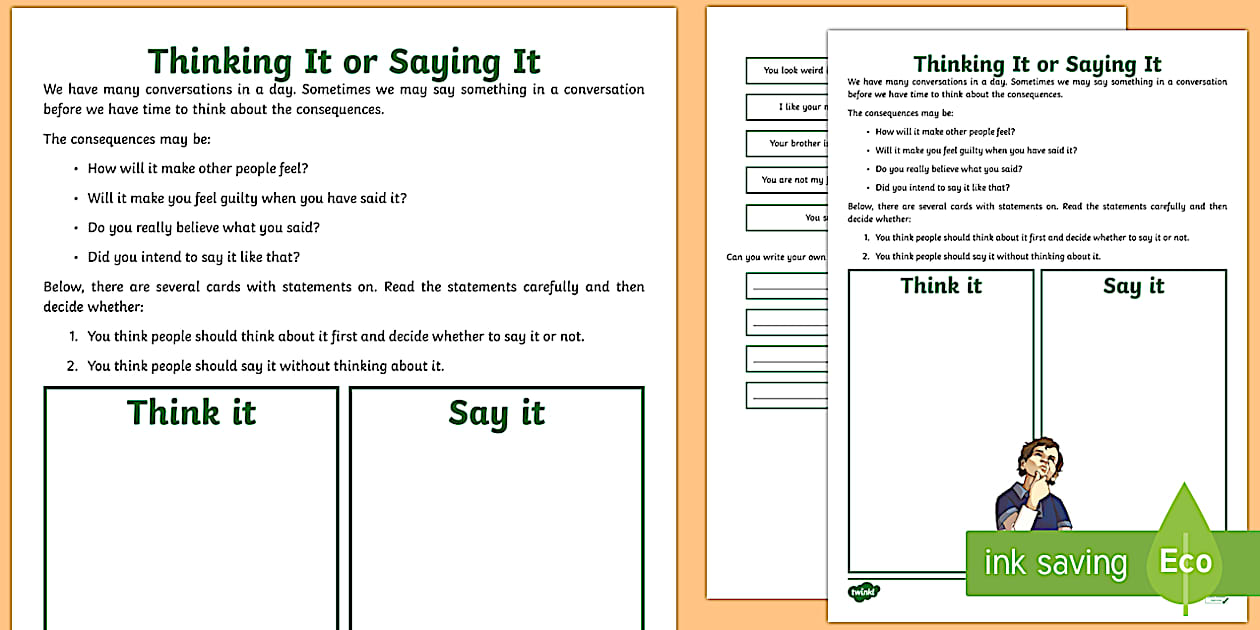 Thinking It Or Saying It Worksheet (Teacher-Made) - Twinkl