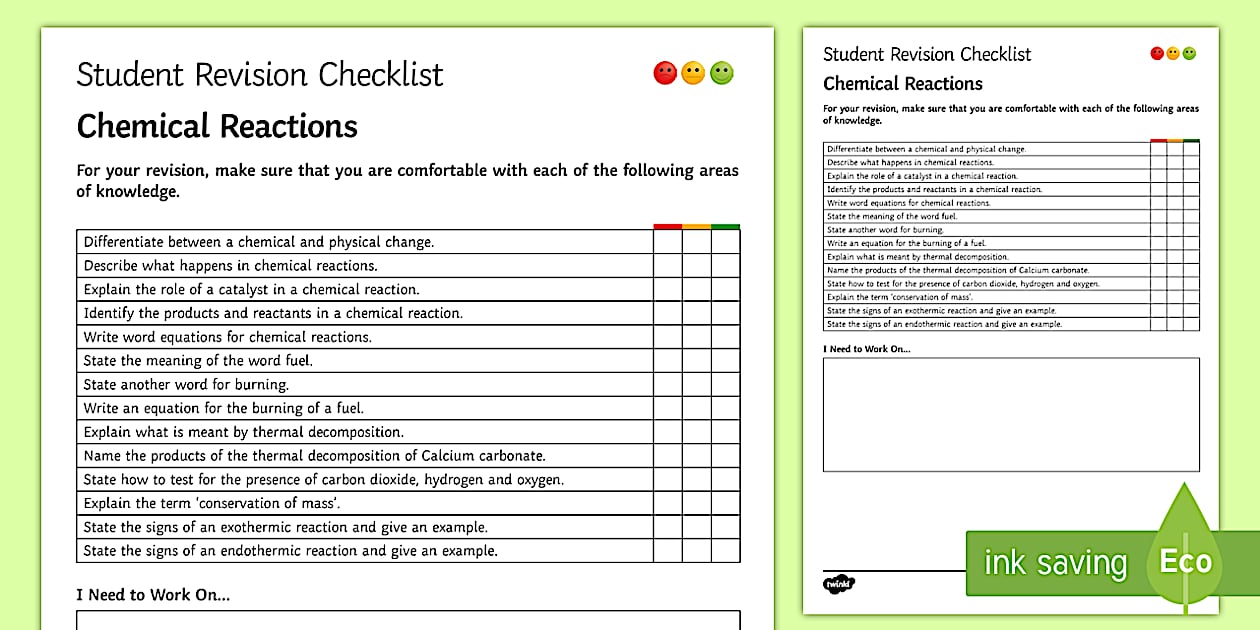 Chemical Reactions Student Revision Checklist (teacher made)