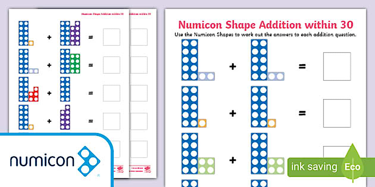 Numicon Shape Addition within 30 Activity Sheets - Twinkl