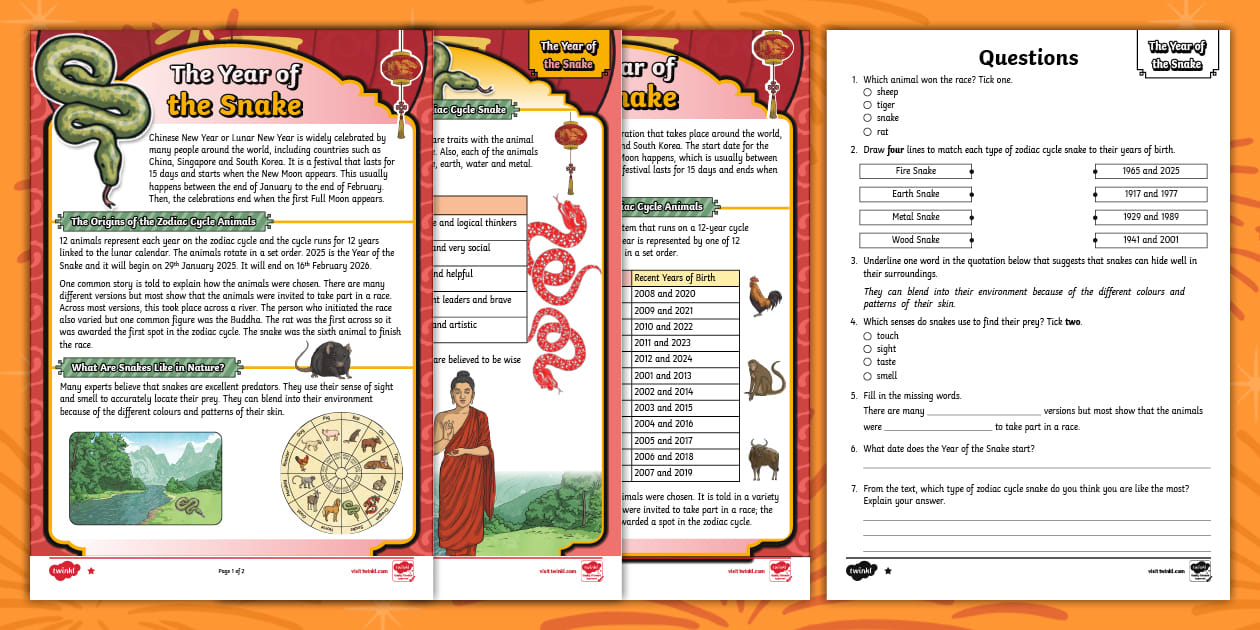 LKS2 The Year of the Snake Differentiated Reading Comprehension Activity
