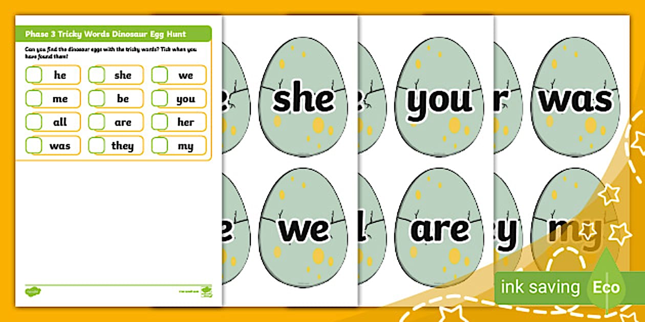 Phase 3 Tricky Words Dinosaur Egg Hunt (teacher made)