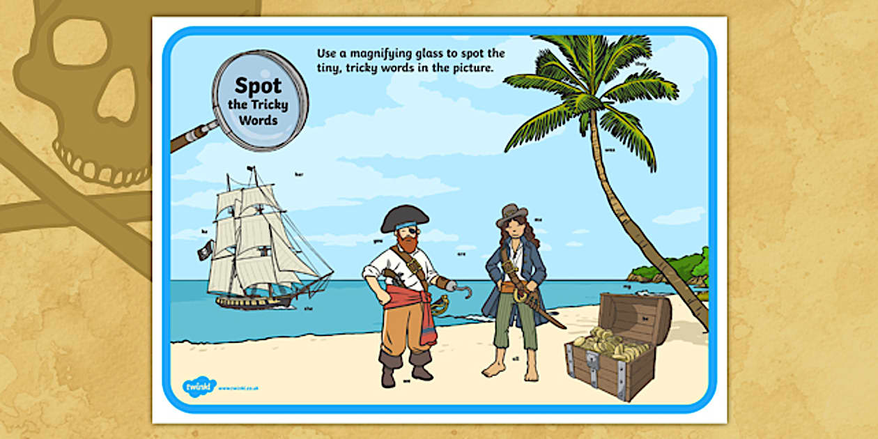 Black and White Phase 3 Tricky Words Pirate Ship Scene Magnifying Glass