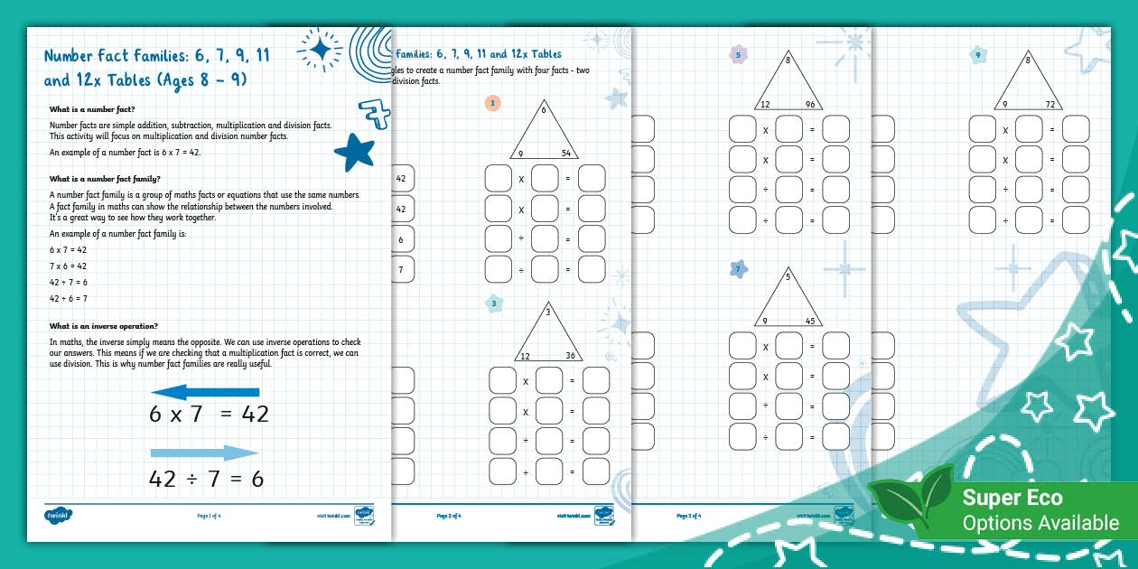 Number Fact Families: 6, 7, 9, 11 and 12x Tables (Ages 8 - 9)