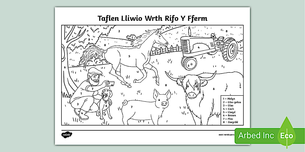 Farm-Themed Welsh Colour by Numbers (Teacher Made) - Twinkl