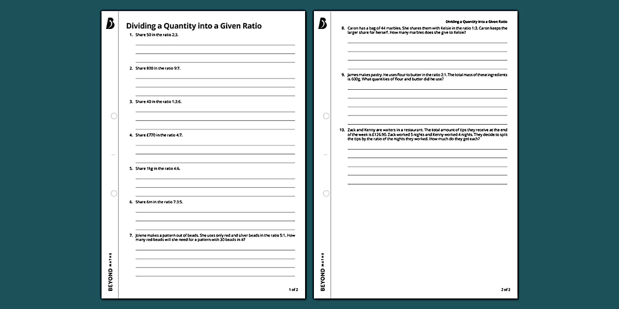 👉 Dividing a Quantity in a Given Ratio Worksheet | Beyond Maths