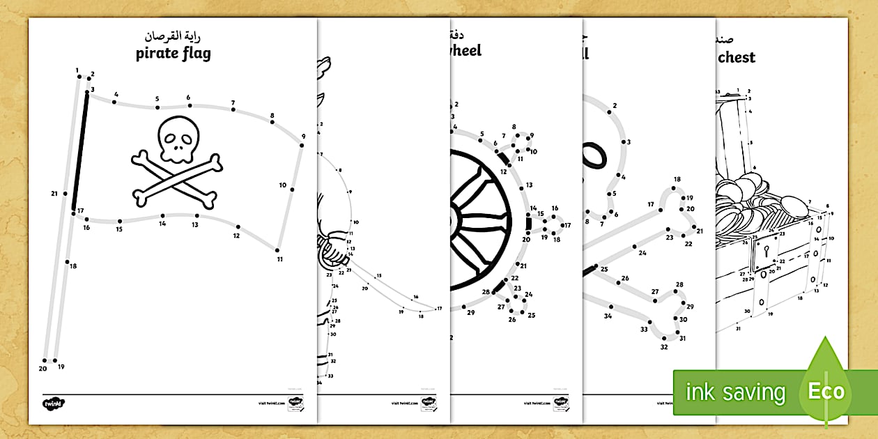 Pirates Dot to Dot Worksheets - Arabic/English - Dot to dot Sheets ...