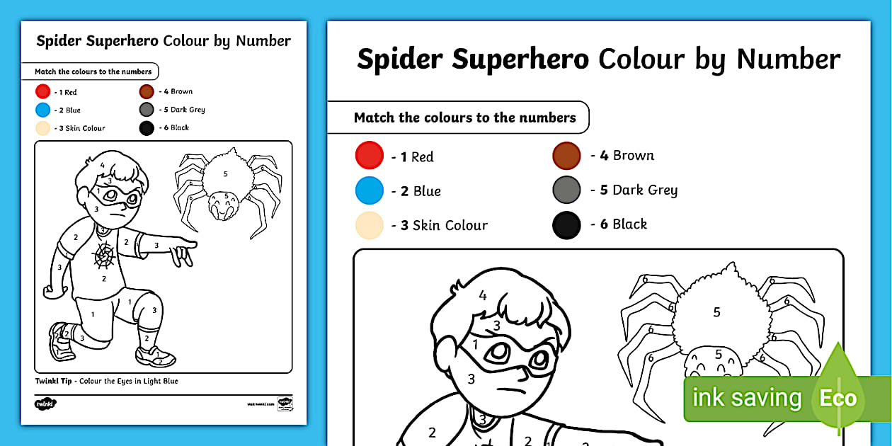 Spider Superhero Colour-by-Number Page | Twinkl | Spiders