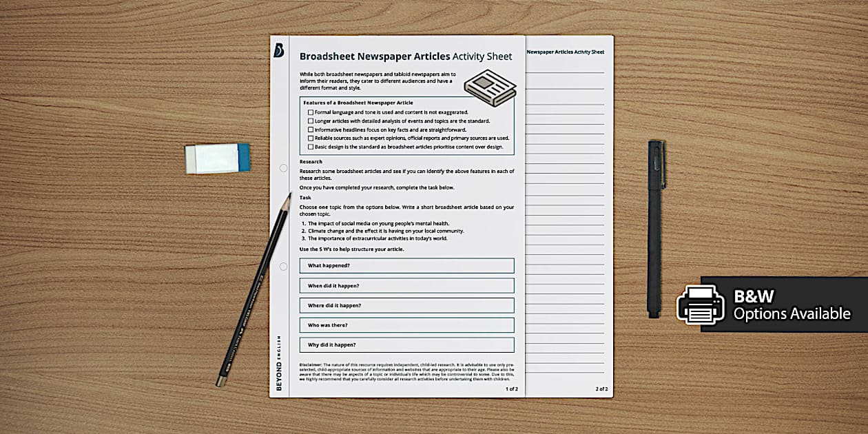 Broadsheet Newspaper Articles Activity Sheet (teacher made)