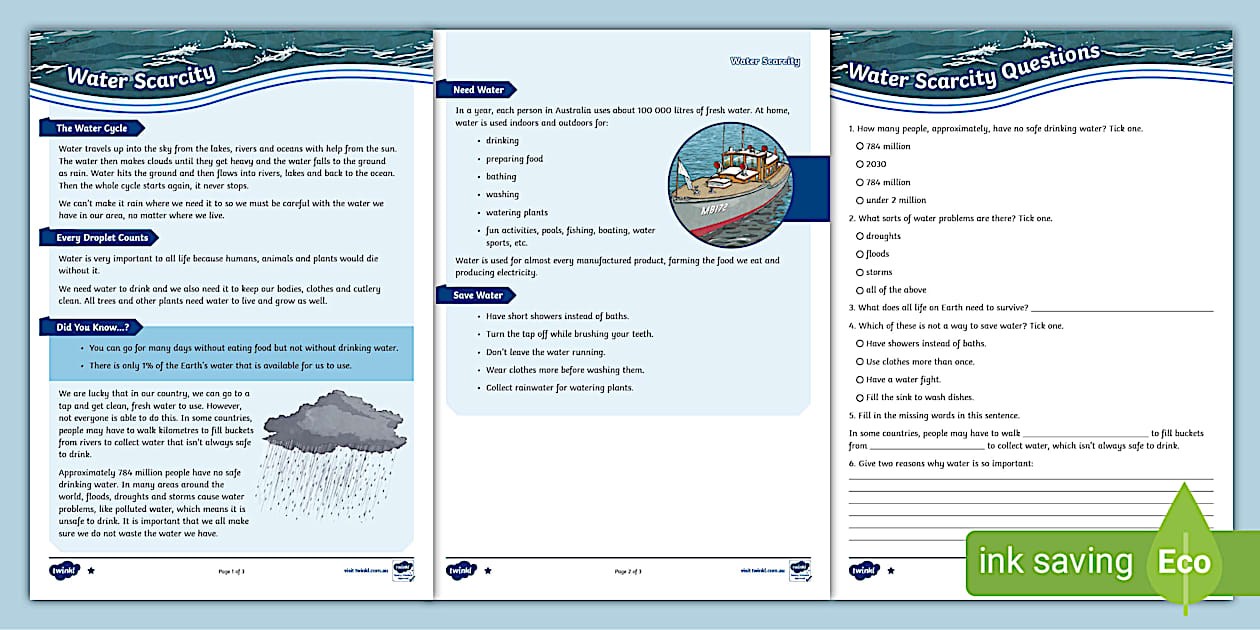Water Scarcity Reading Comprehension Activity | Years 3-4