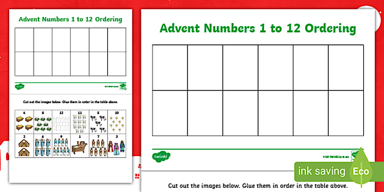 QLD Advent Numbers to 12 Ordering Worksheet (teacher made)