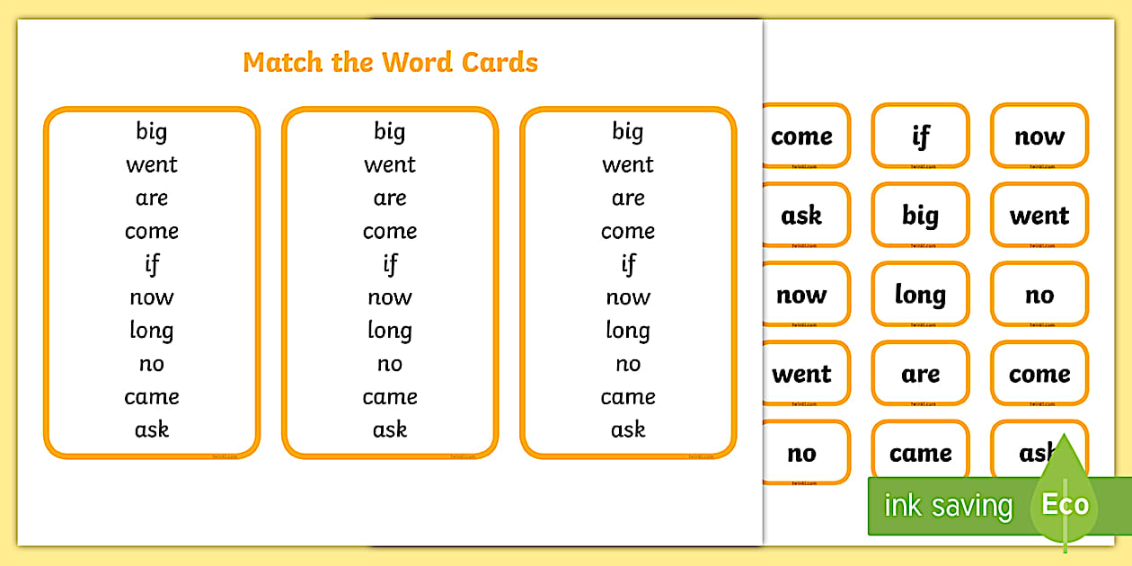 Match the Words (High Frequency 7) Peg Game (teacher made)