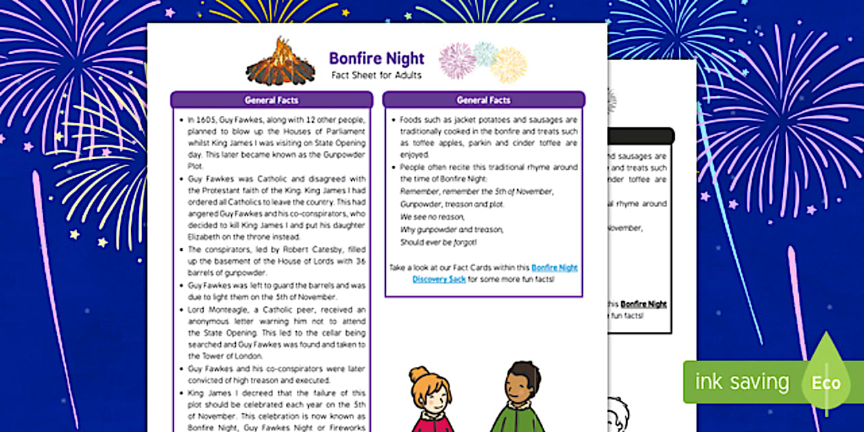 Black and White Bonfire Night Fact Sheet for Adults - Twinkl