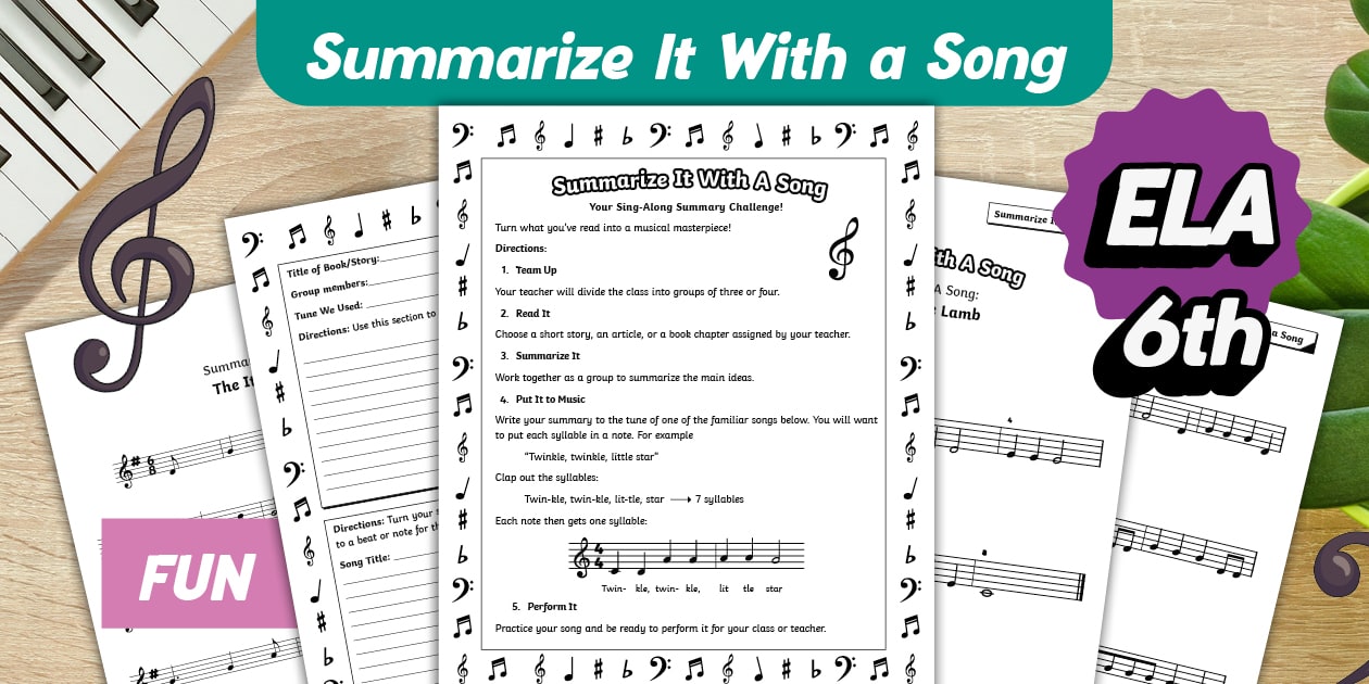 Sixth Grade Summarize It With a Song Worksheets - Twinkl