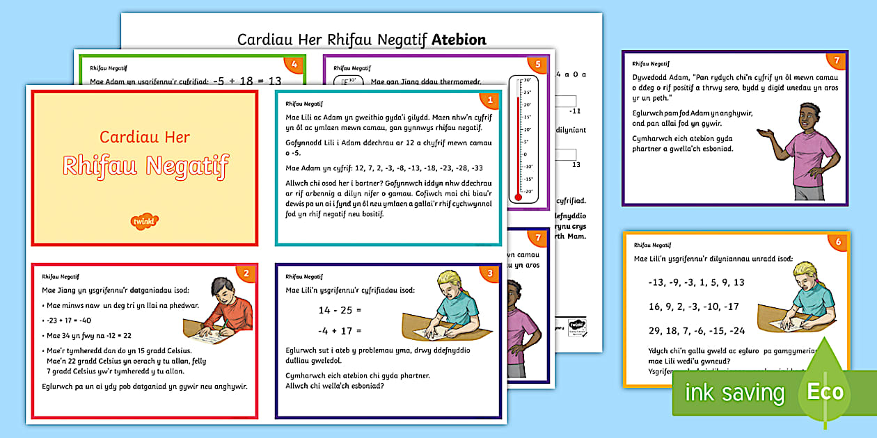 Black and White Cardiau Her Meistroli Mathemateg Gwerth Lle Rhifau Negatif