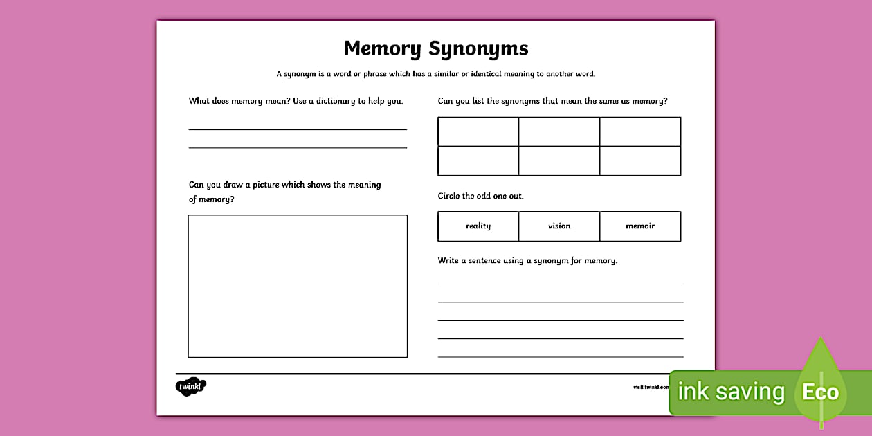 Memory Synonyms Worksheet (Teacher-Made) - Twinkl
