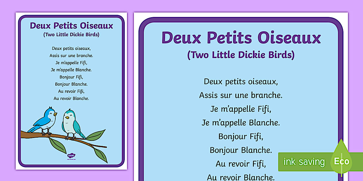 Black and White Two Little Dickie Birds Rhyme A4 Display Poster French