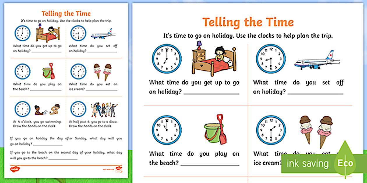 Summer-Themed Telling the Time Worksheet - Twinkl