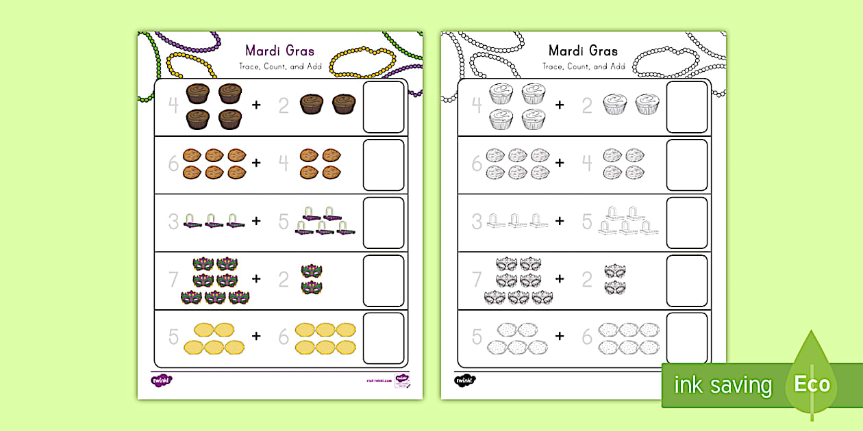 Mardi Gras Trace, Count, and Add Worksheet - Twinkl
