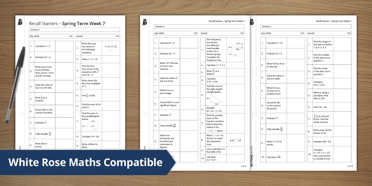 👉 White Rose Maths Recall Starter Year 7 Spring Term Week 7