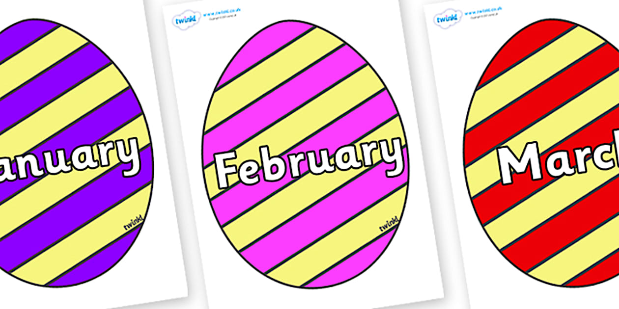 Cursive Months of the Year on Easter Eggs (Stripes) - Twinkl