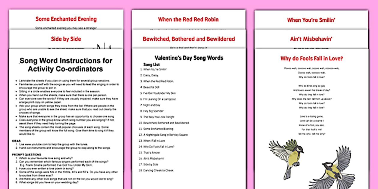 Adult Education Valentine's Day Song Words Instructions for Activity