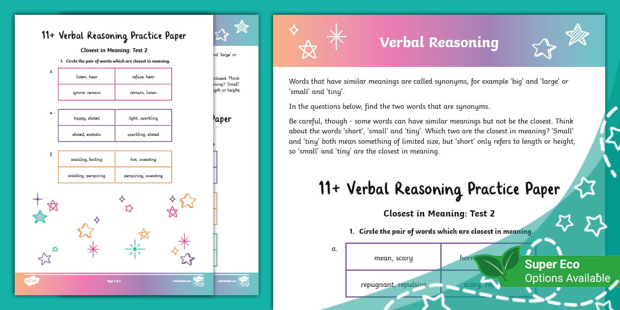 11+ Verbal Reasoning Practice Paper: Closest in Meaning 2