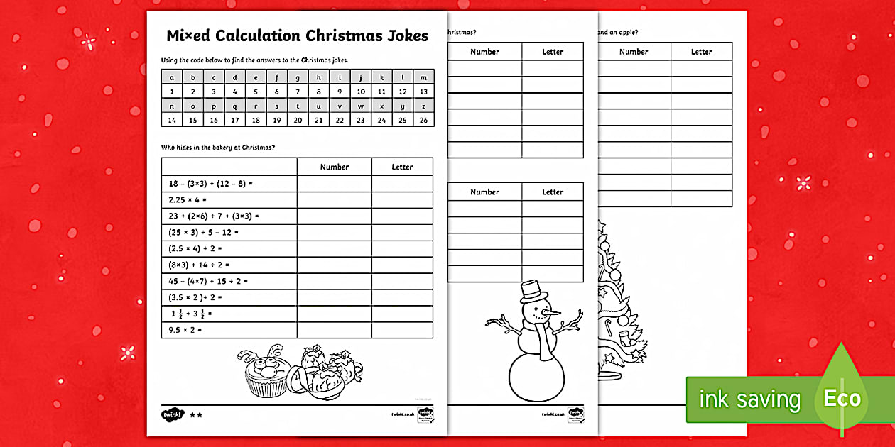 UKS2 Mixed Calculation Christmas Jokes Activity - Twinkl