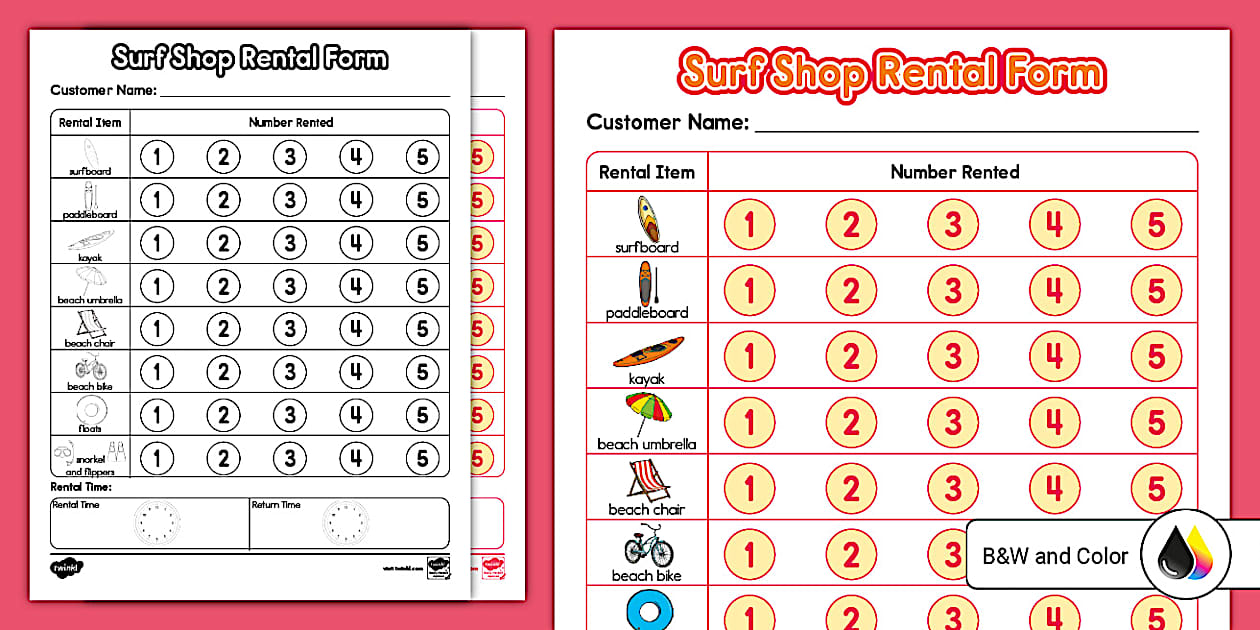 Beach Dramatic Play Surf Shop Rental Form (teacher made)