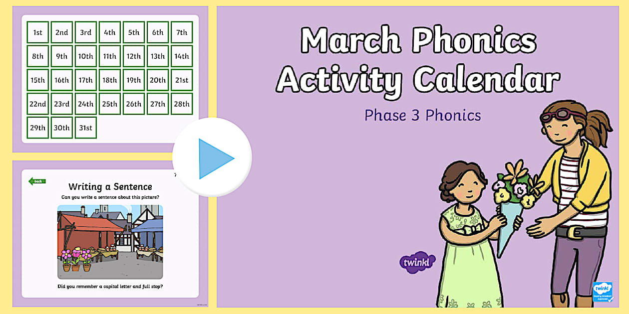 Phase 3 March Phonics Activity Calendar PowerPoint - Twinkl