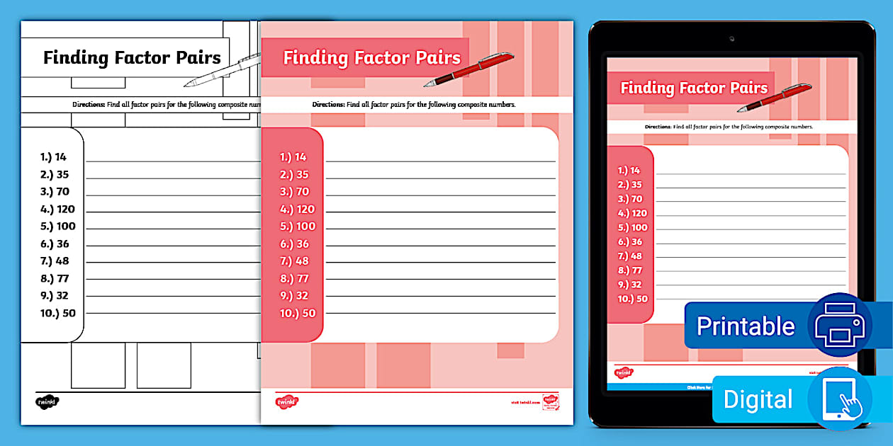 Fourth Grade Finding Factor Pairs Worksheet (Teacher-Made)