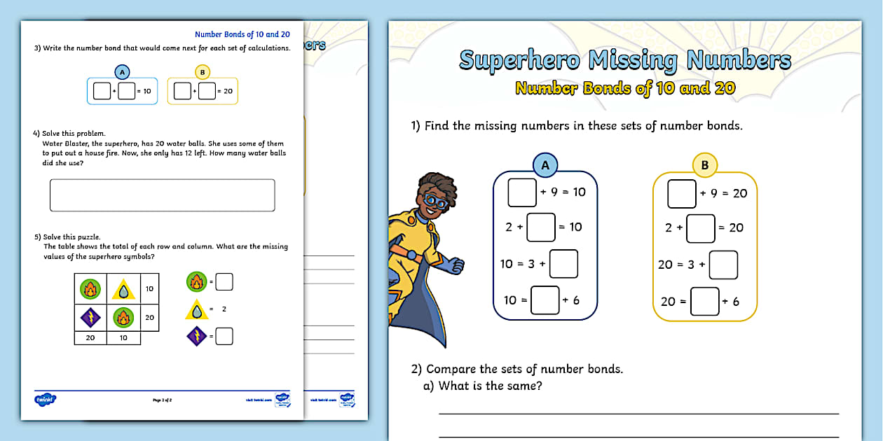 KS1 Superhero Maths -Number Bonds of 10 and 20 Mastery Worksheet