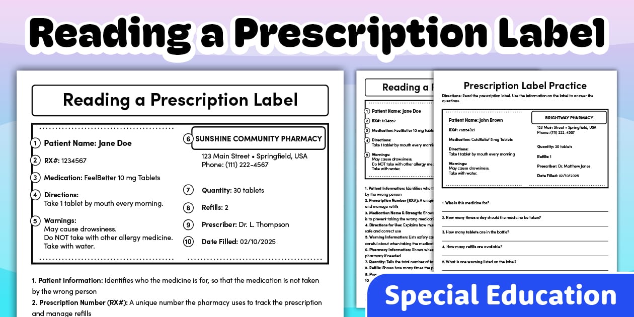 Reading a Prescription Label Fill-In-The-Blank Activity