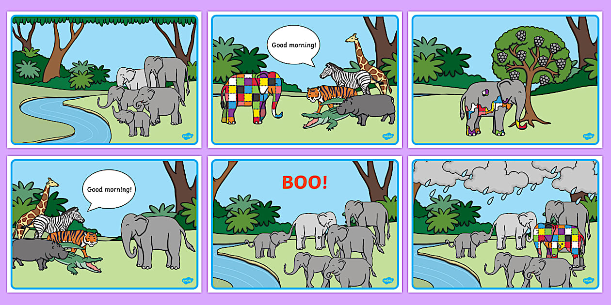 Black and White Story Sequencing Colour to Support Teaching on Elmer