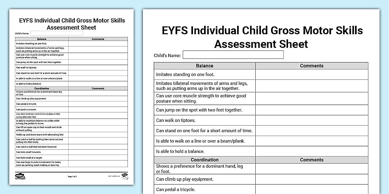 EYFS Individual Child Gross Motor Skills Assessment Sheet