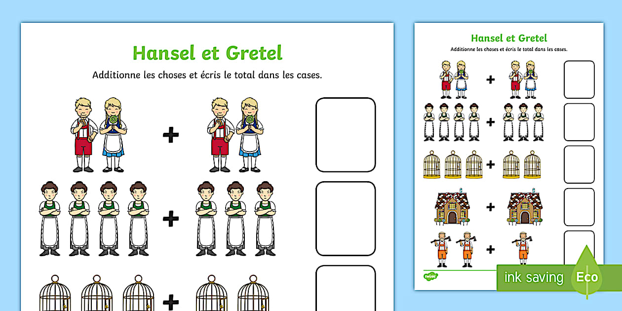 Feuille d'addition jusqu'à 10 : Hansel et Gretel - Twinkl