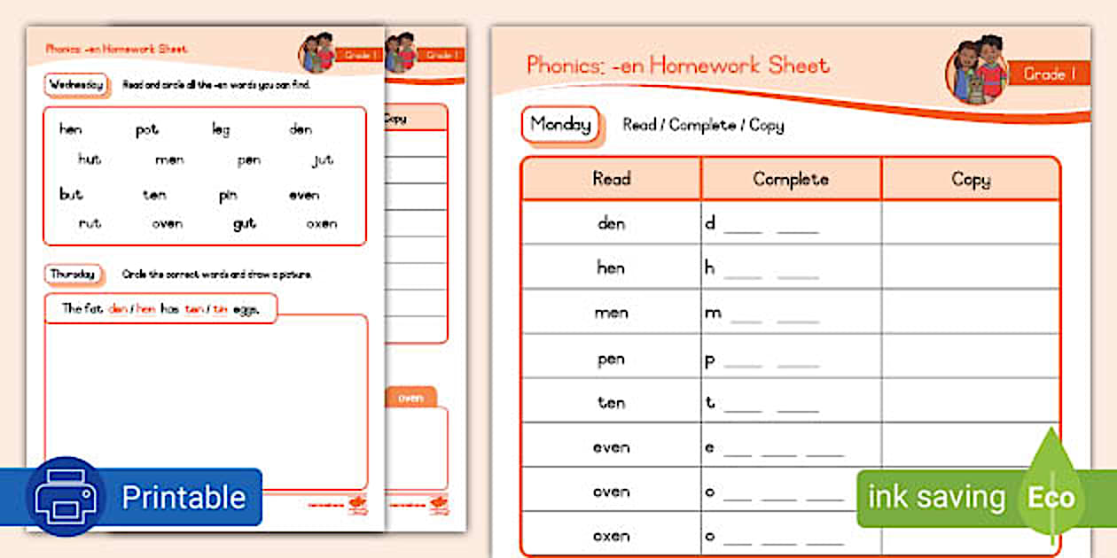 Grade 1 Phonics: -en Homework Sheet (teacher made) - Twinkl