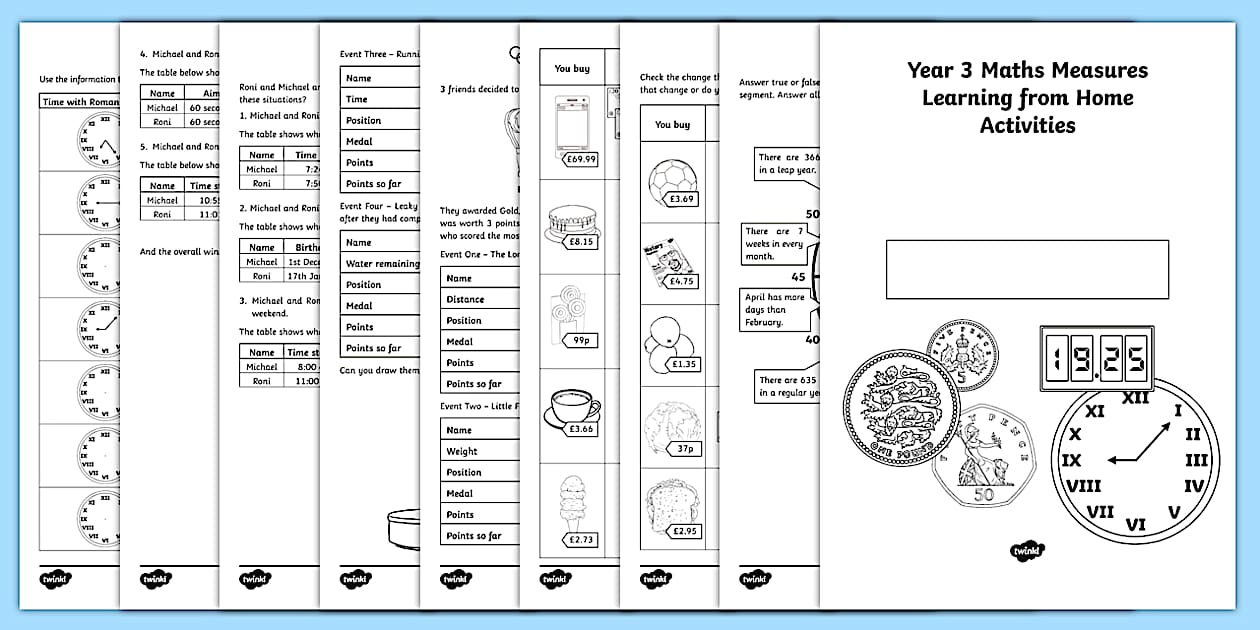 Editable Learning from home Maths Workbooks Year 3 Measures Activity ...