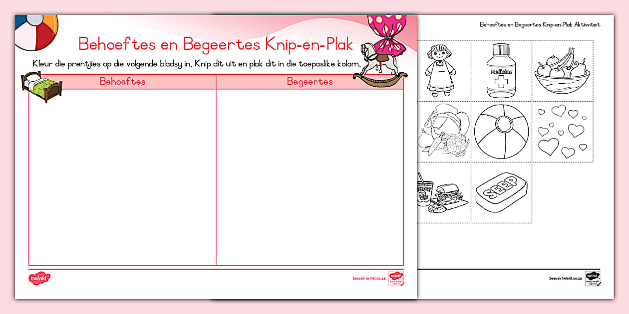 Behoeftes en Begeertes Prente Knip en Plak Aktiwiteit