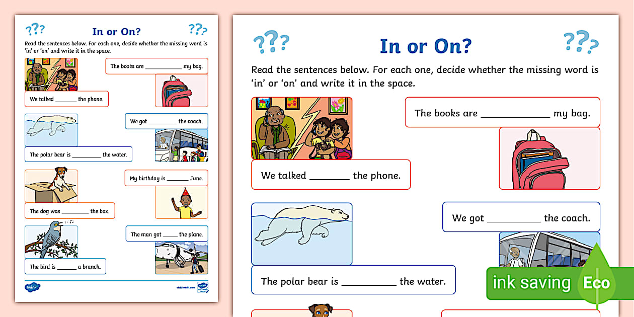 In or On? Writing Activity, Positional Language - Twinkl