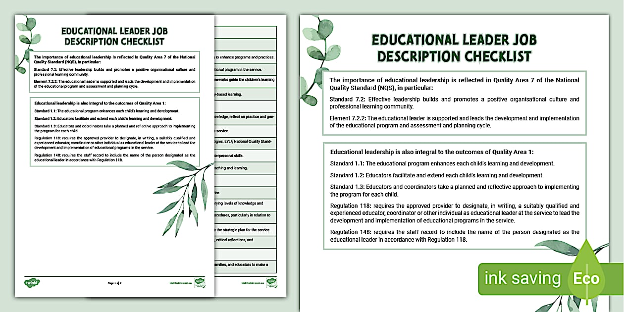 Educational Leader Checklist for EYLF | Twinkl Resources