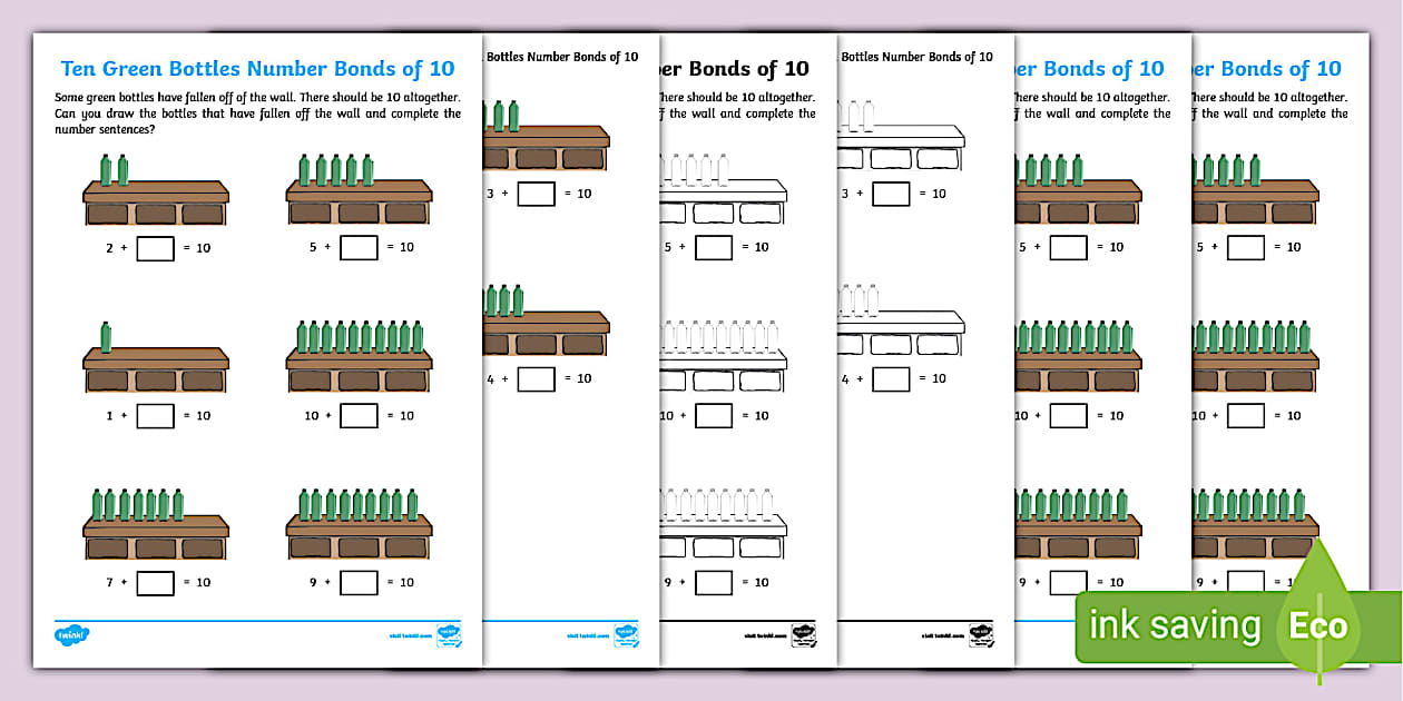 👉 Ten Green Bottles Number Bonds to 10 Worksheet - Twinkl