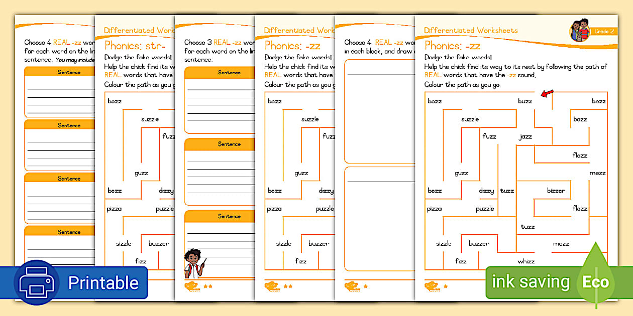 Grade 2 Phonics: zz Differentiated Worksheets (teacher made)