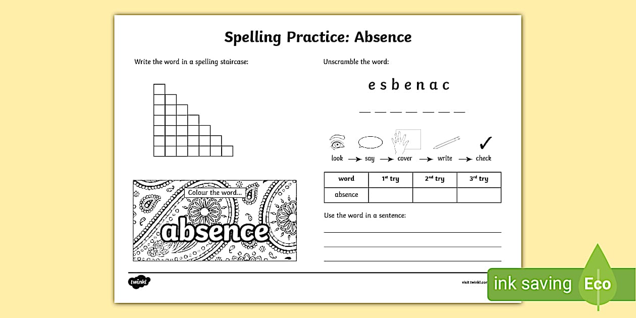 Absence Spelling Practice Worksheet (teacher made) - Twinkl