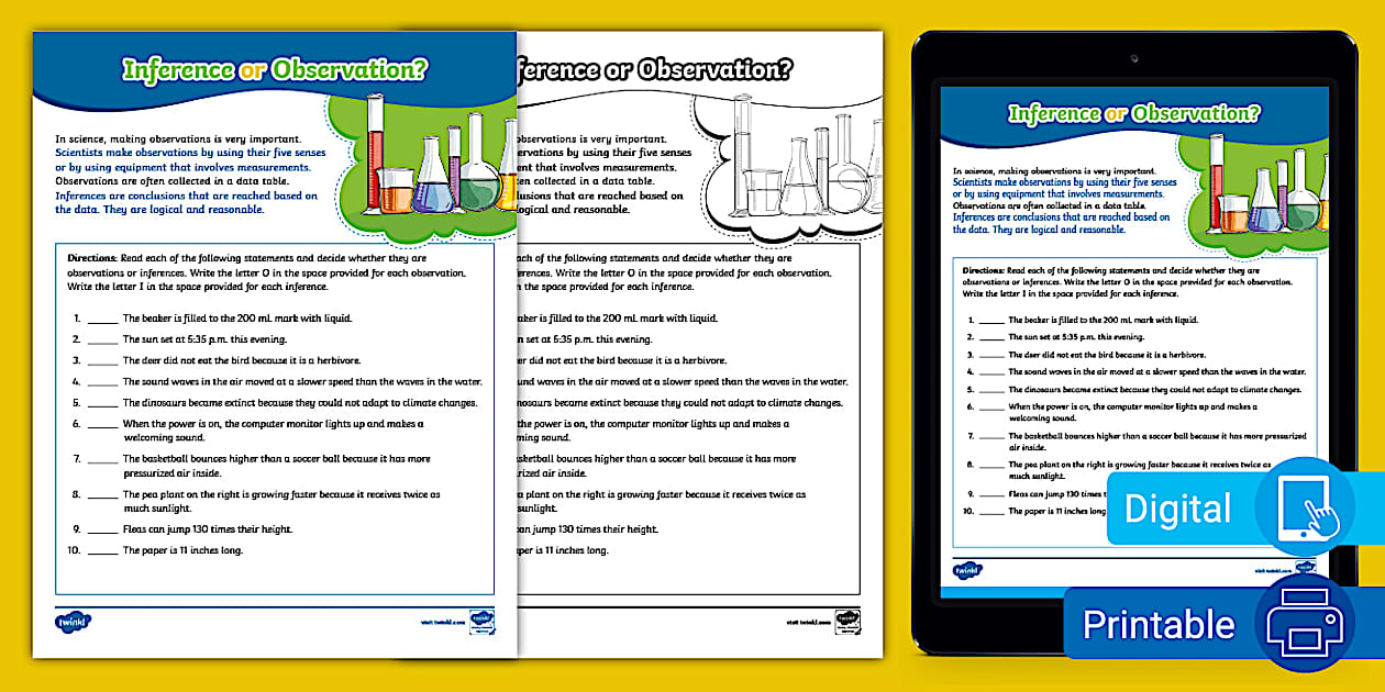 Inference or Observation Science Worksheet for 6th-8th Grade