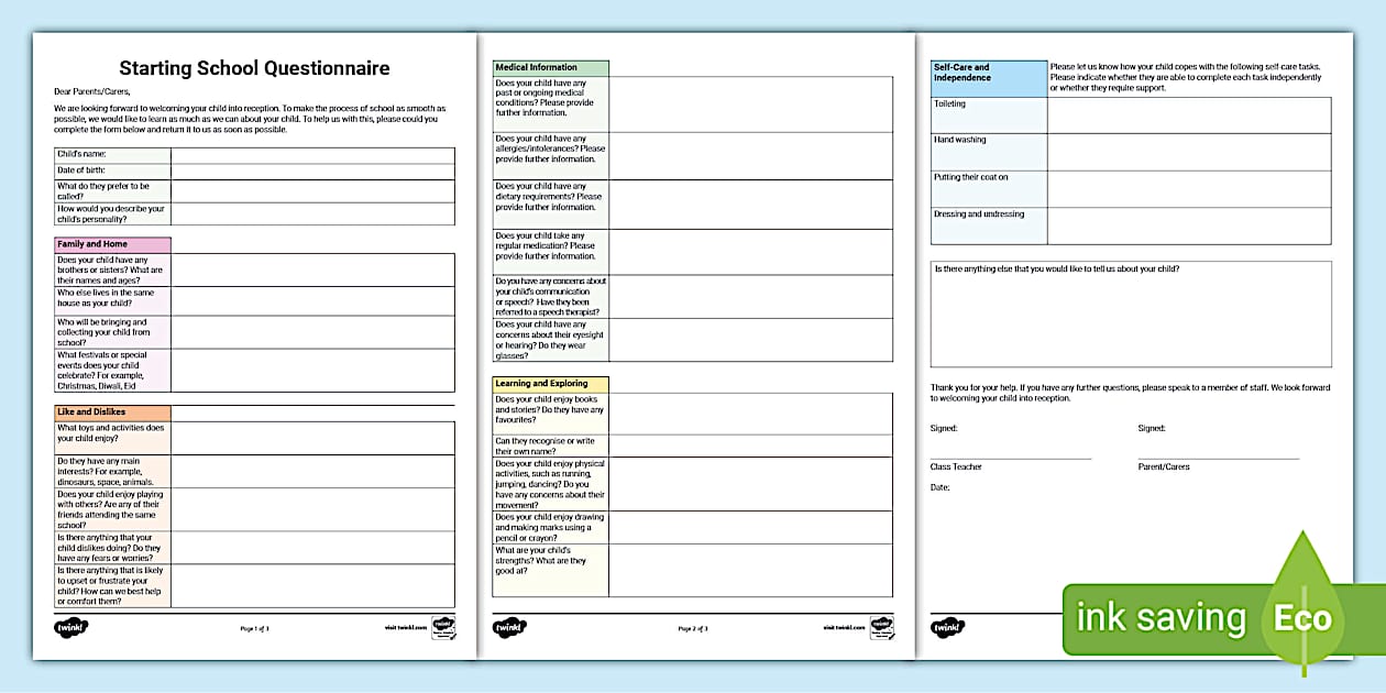 Editable EYFS Transition - Starting School Questionnaire