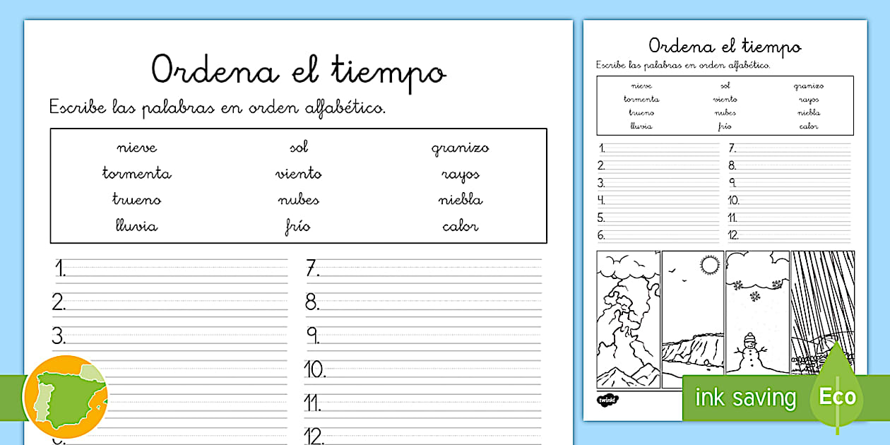 Ficha de actividad: Orden alfabético - El tiempo