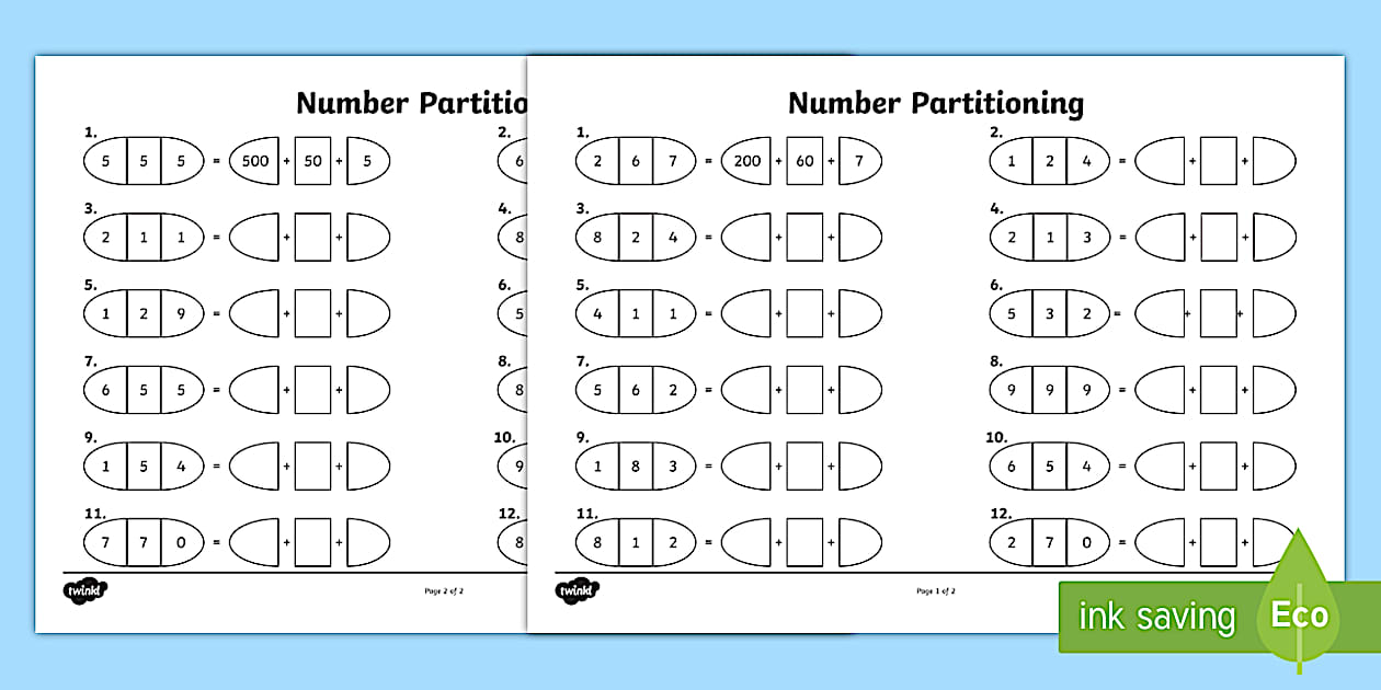 Hundreds, Tens and One's Partitioning Numbers Sheet